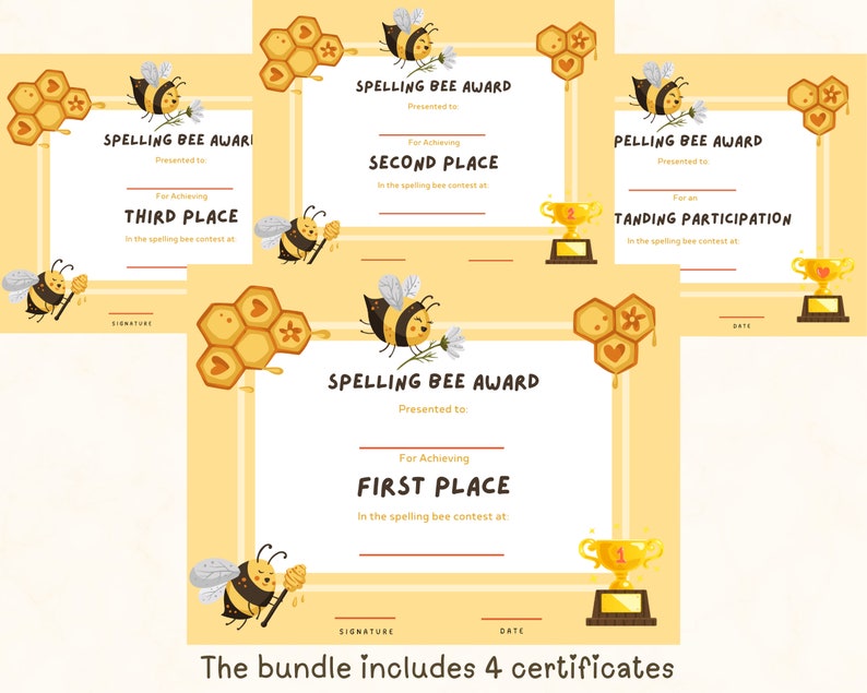 Spelling Bee Certificates: First, Second, Third Place & Outstanding ...