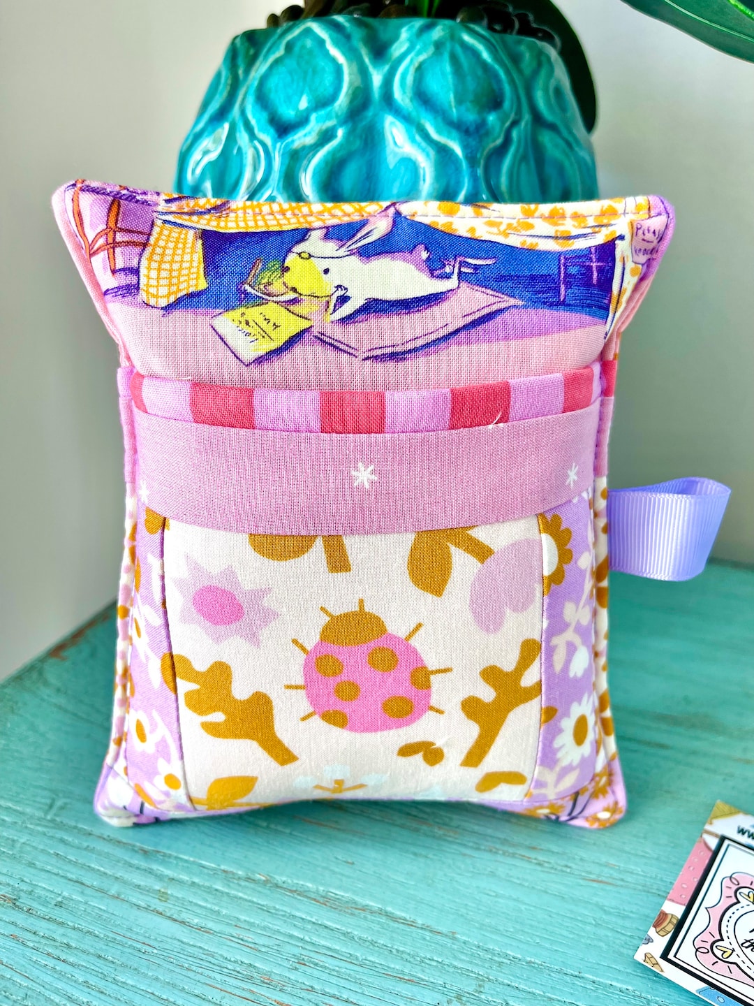 Handmade Pin Cushion With Petunia Fabric & Heather Ross Lucky Rabbit ...