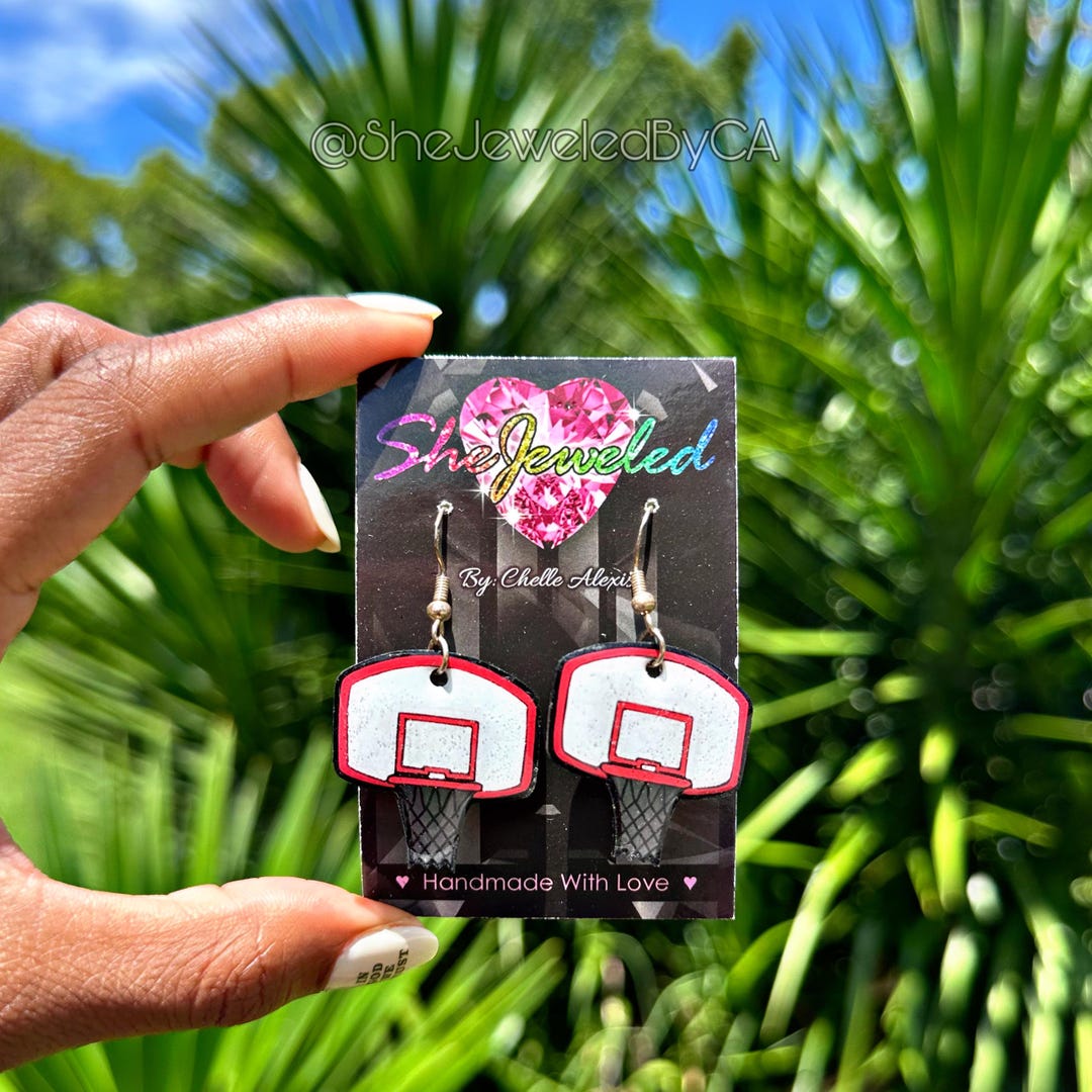 Hand Drawn Basketball Hoop Shrink Plastic Earrings – Clear or Glitter ...