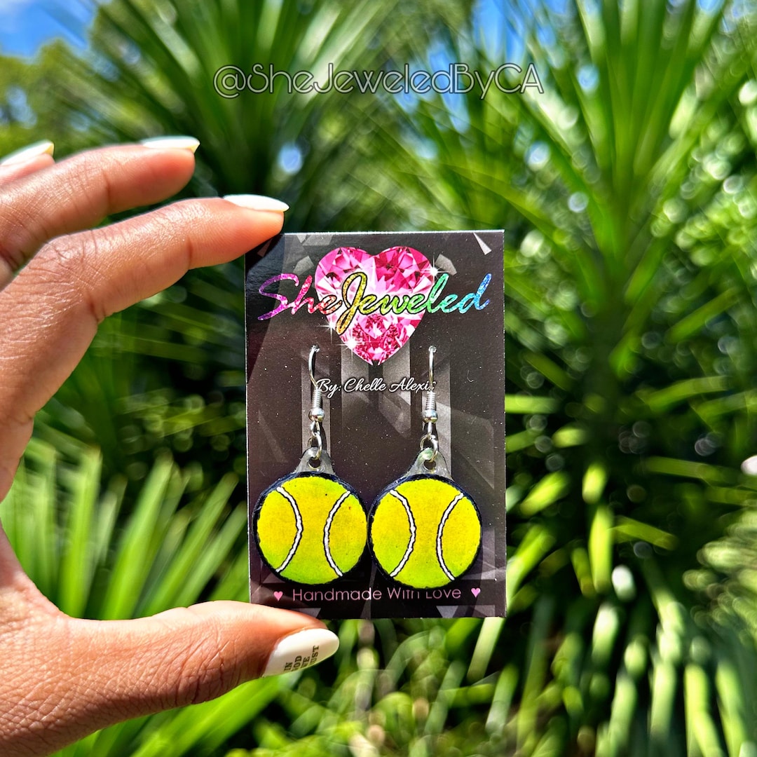 Hand Drawn Tennis Ball Shrink Plastic Earrings – Clear or Glitter Resin ...