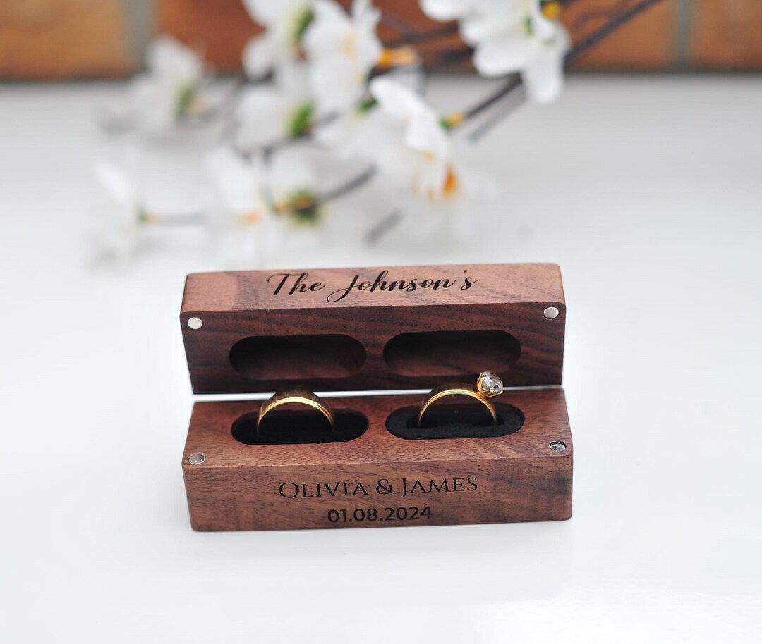 Personalized Ring Box – Double Engagement Wood Ring Box, Ring Bearer Box, Proposal Engraved Ring ...