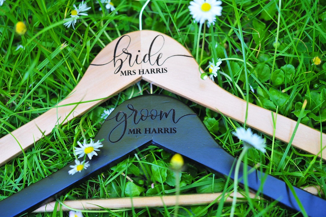 Set of 2 Personalized Hangers, Bride and Groom Hangers, Engraved ...