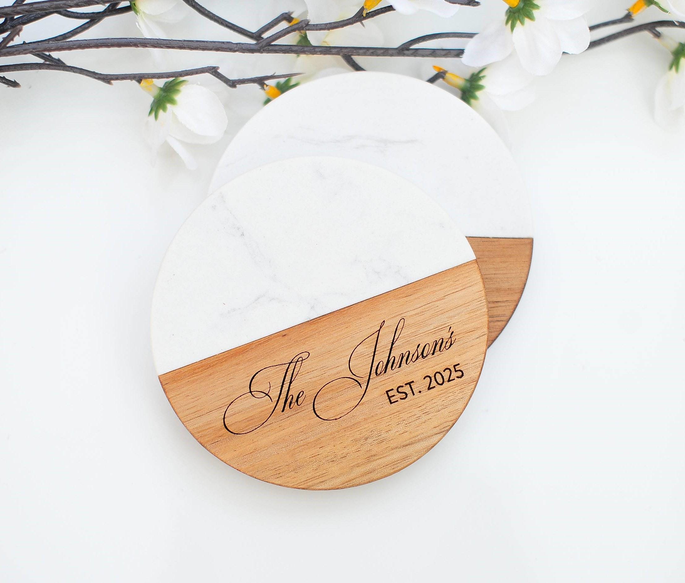 Custom Engraved Marble Wood Coasters, Personalized Gifts Coaster Set ...