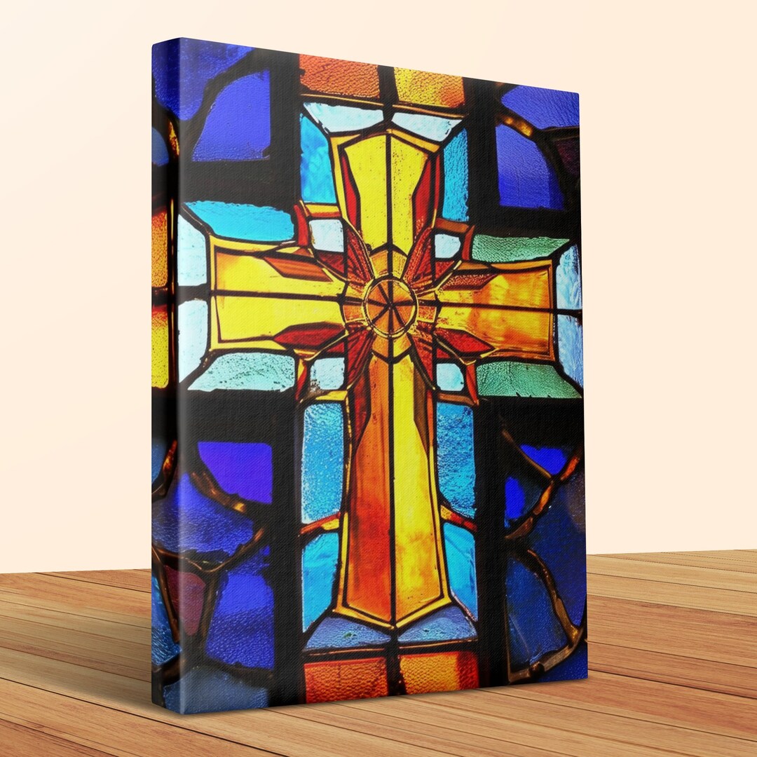 Colorful Stained Glass Window Wall Art, Christian Cross Decor ...