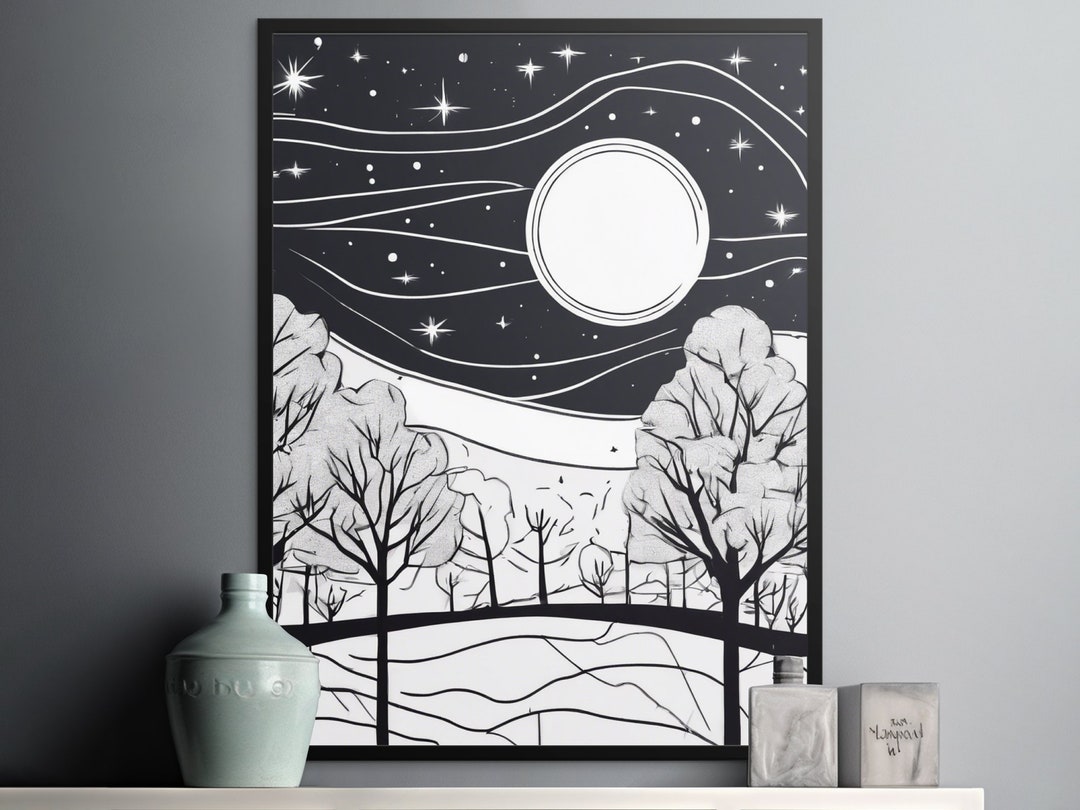 Moonlit Night Sky Landscape, Black and White Wall Art, Starry Night ...