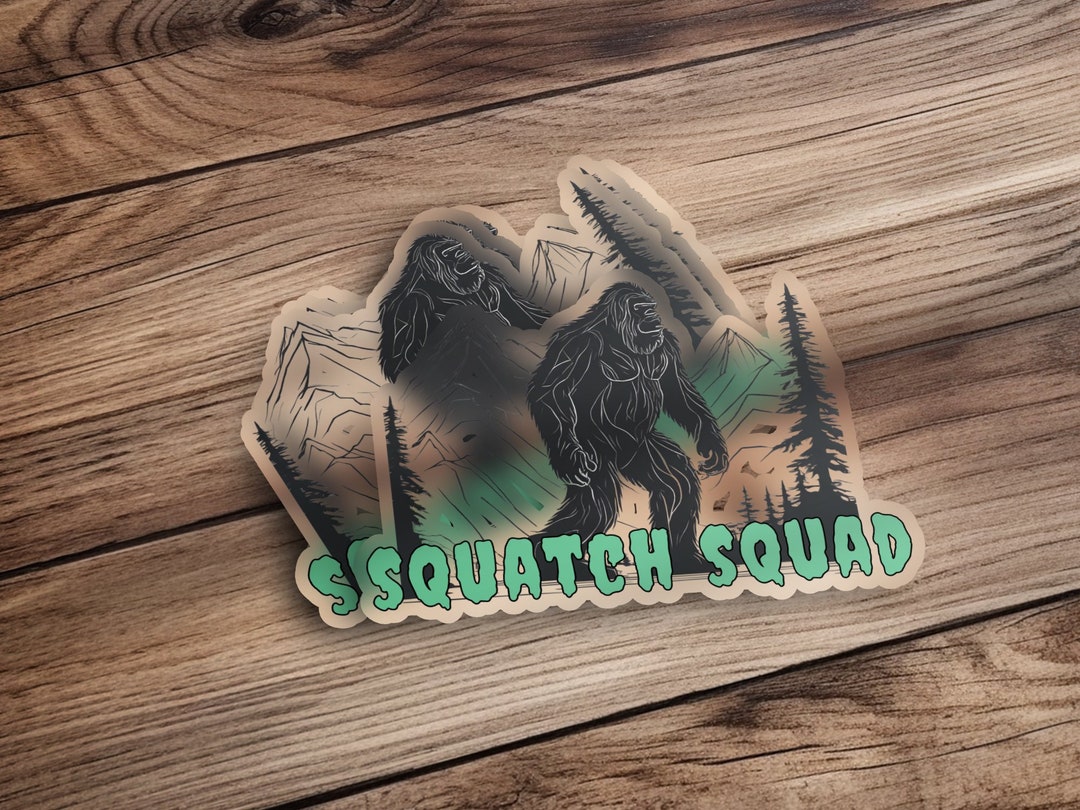 Squatch Squad Bigfoot Silhouette Mountain Scene Vinyl Sticker, Outdoor Adventure Waterproof ...