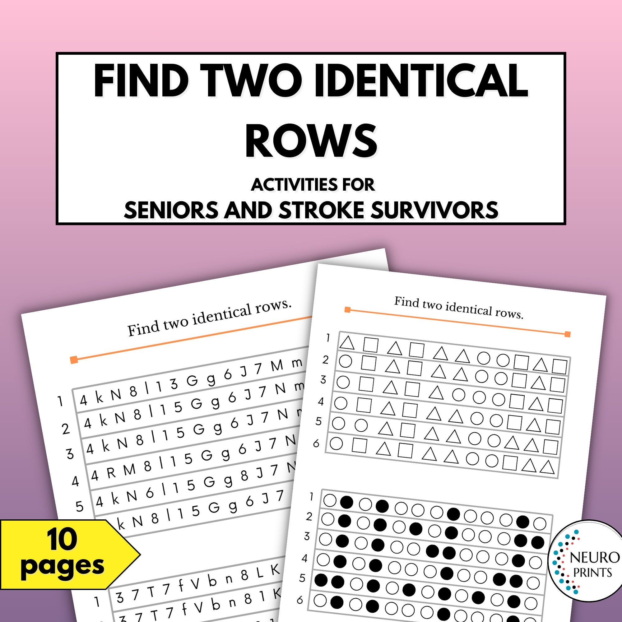 Matching Rows Stroke Recovery Worksheets/dementia Simple Activity Pages ...