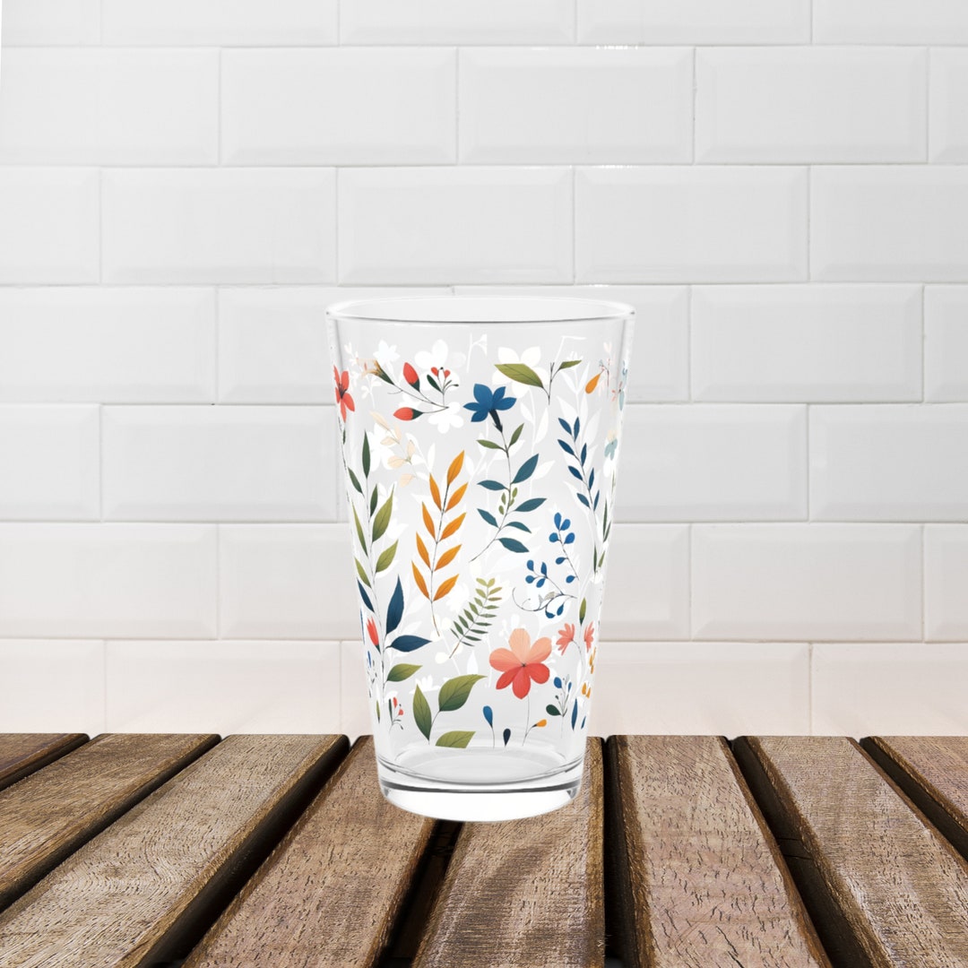 Floral Pint Glass 16oz Bright Color Design Flowers Glassware Drinkware ...