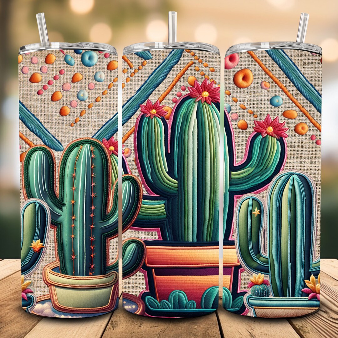 Cactus Embroidered Seamless Tumbler Wrap PNG & PDF, 20oz Skinny ...