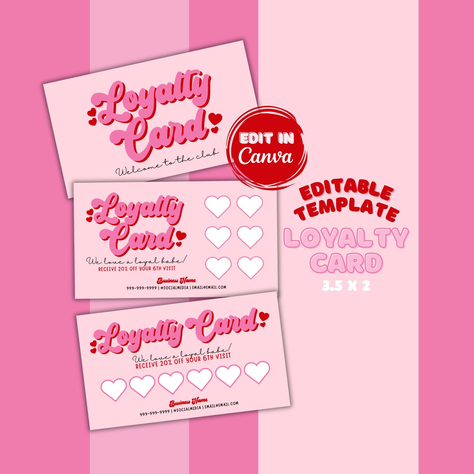 Pink Red Loyalty Card Canva Template DIY Editable Card Small Business ...