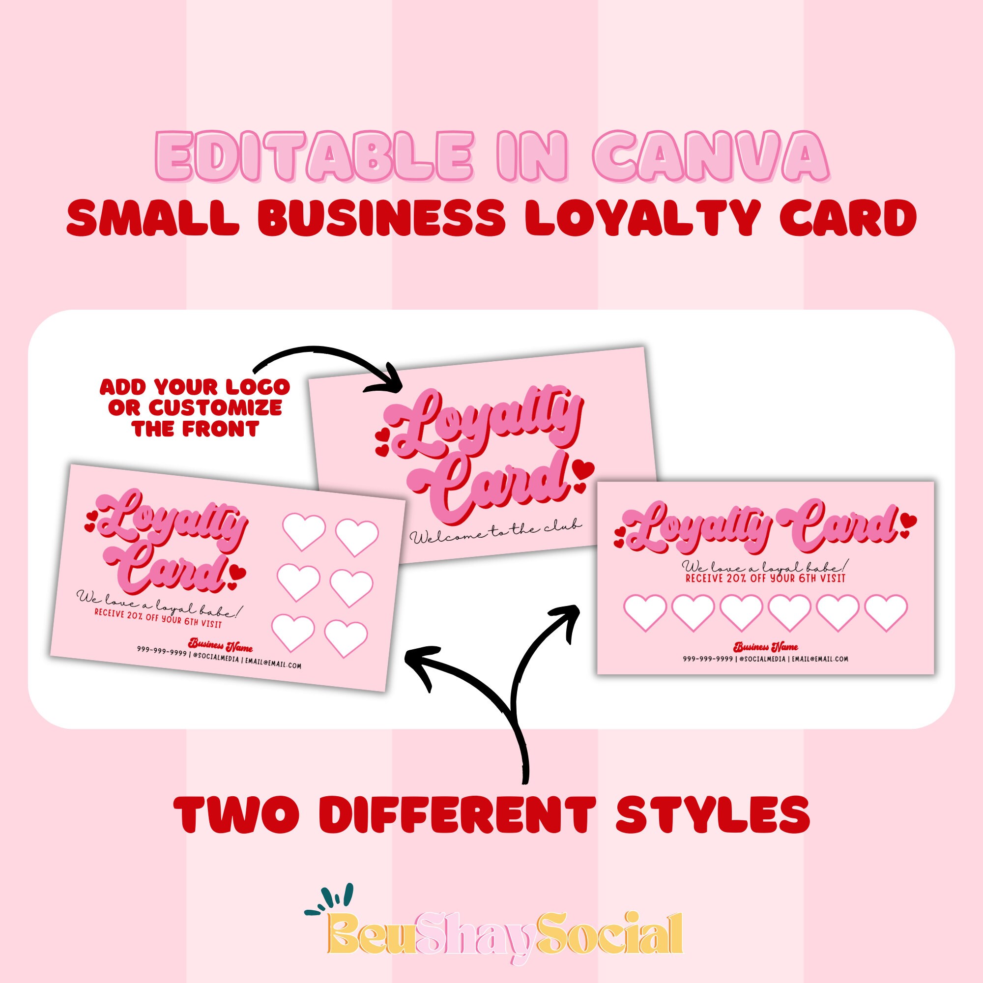 Pink Red Loyalty Card Canva Template DIY Editable Card Small Business ...