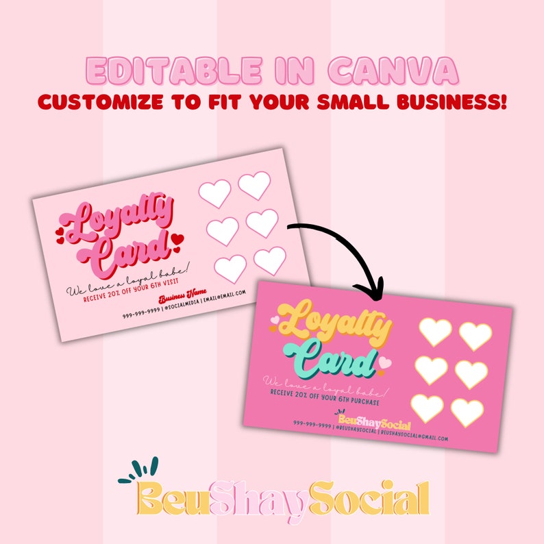 Pink Red Loyalty Card Canva Template DIY Editable Card Small Business ...