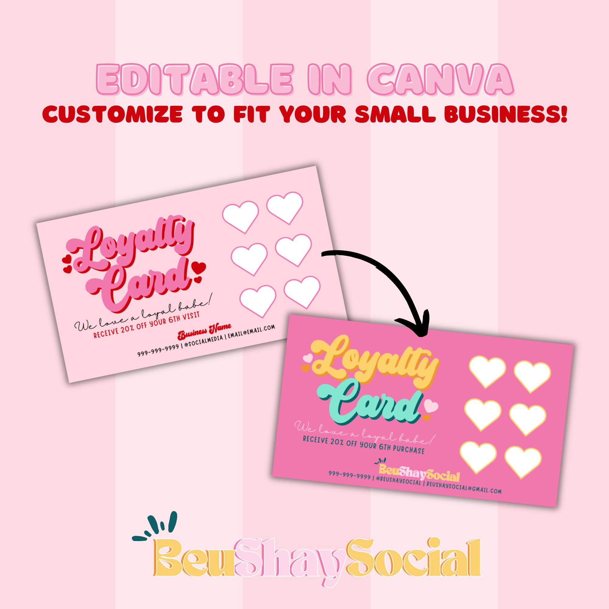 Pink Red Loyalty Card Canva Template DIY Editable Card Small Business ...