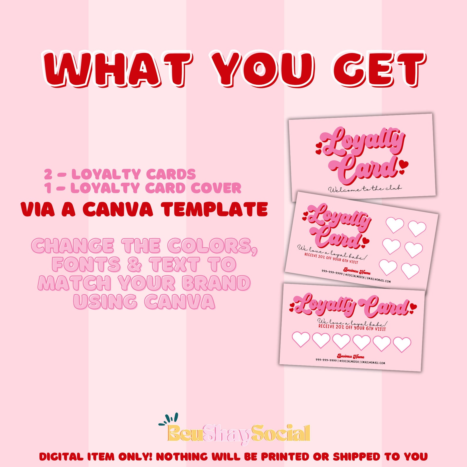 Pink Red Loyalty Card Canva Template DIY Editable Card Small Business ...