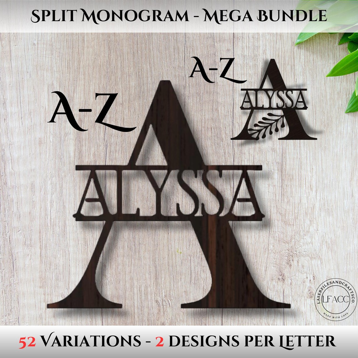 Split Monogram Mega Bundle, 52 Letters, Two Designs per Letter, Ai, Dxf ...