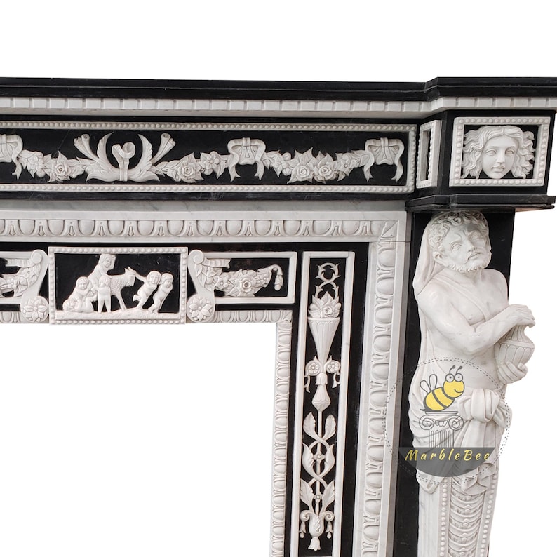 Mix-colored Black and White Marble Fireplace Surround With Hand Carved ...