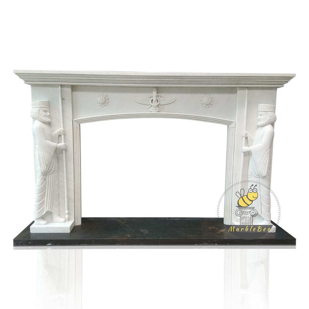 Majestic Religious Marble Fireplace Mantel Featuring Intricate Pharaoh ...