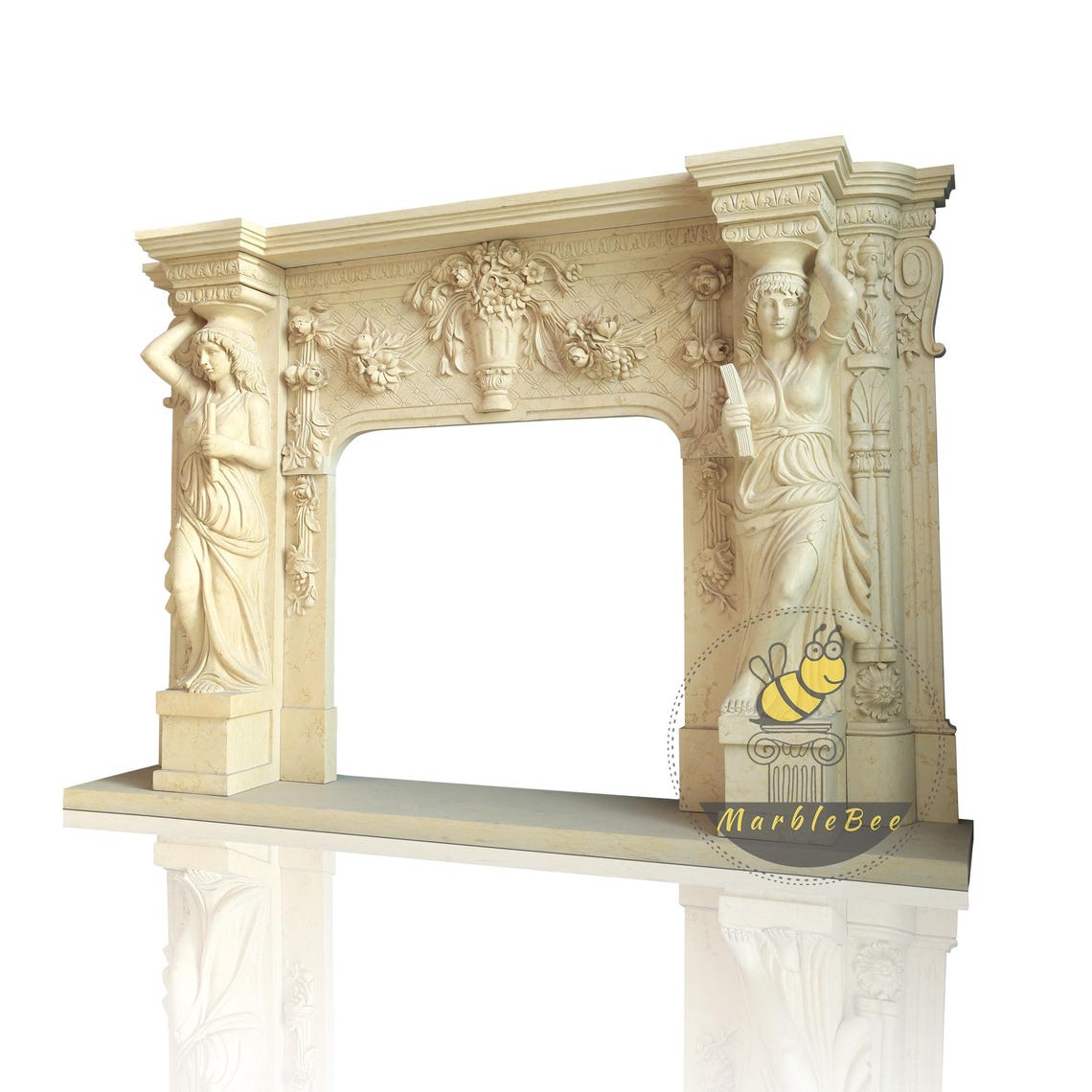 Egyptian Beige Marble Fireplace Mantel: Figurative Sculpture, Floral ...