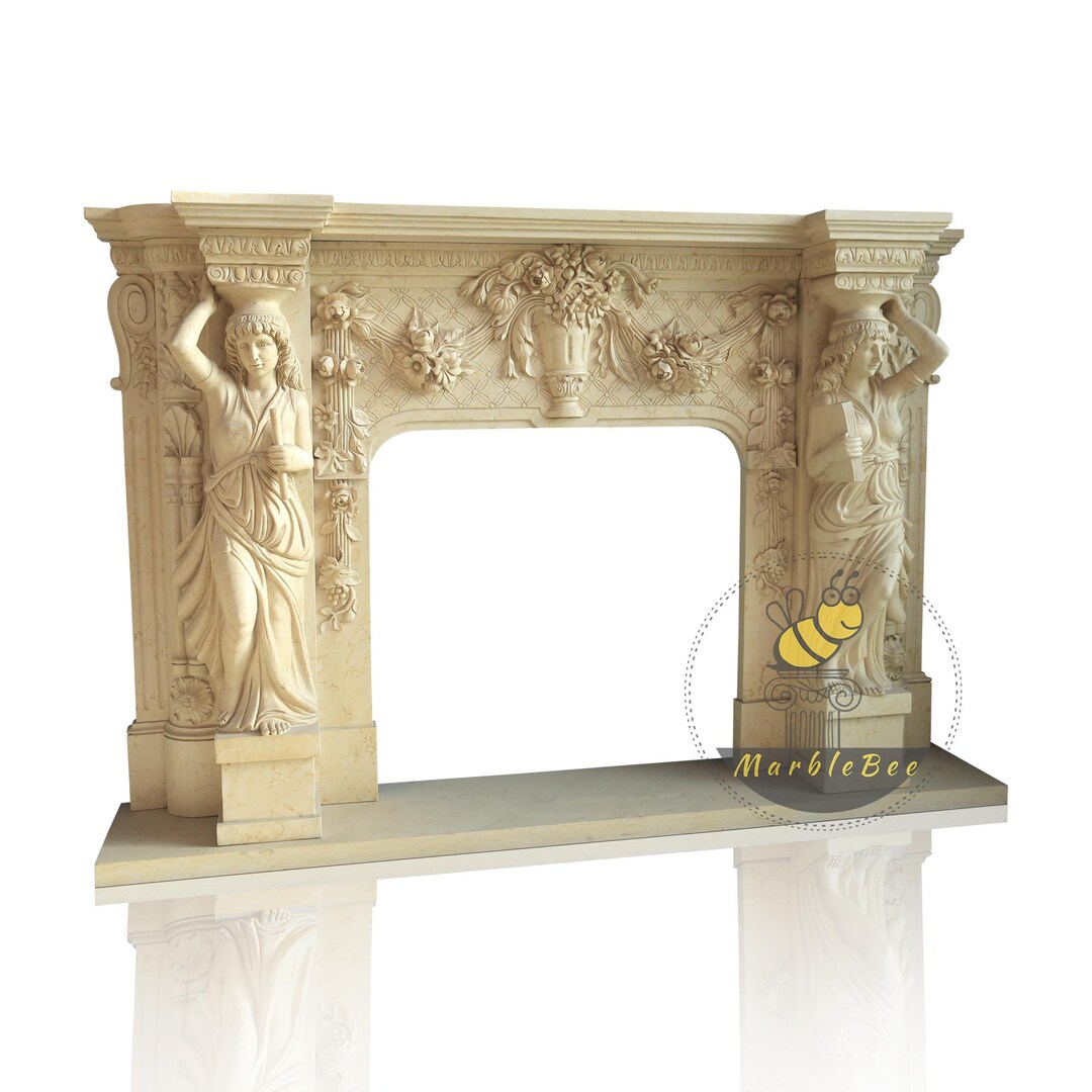 Large Fireplace Mantel – Egyptian Beige Marble Surround With Figurative ...