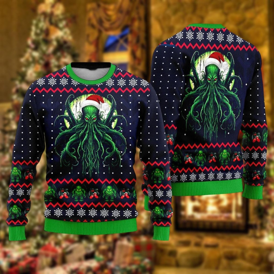 The Call of Great Old One Green Octopus Ugly Christmas Sweater, Monster ...