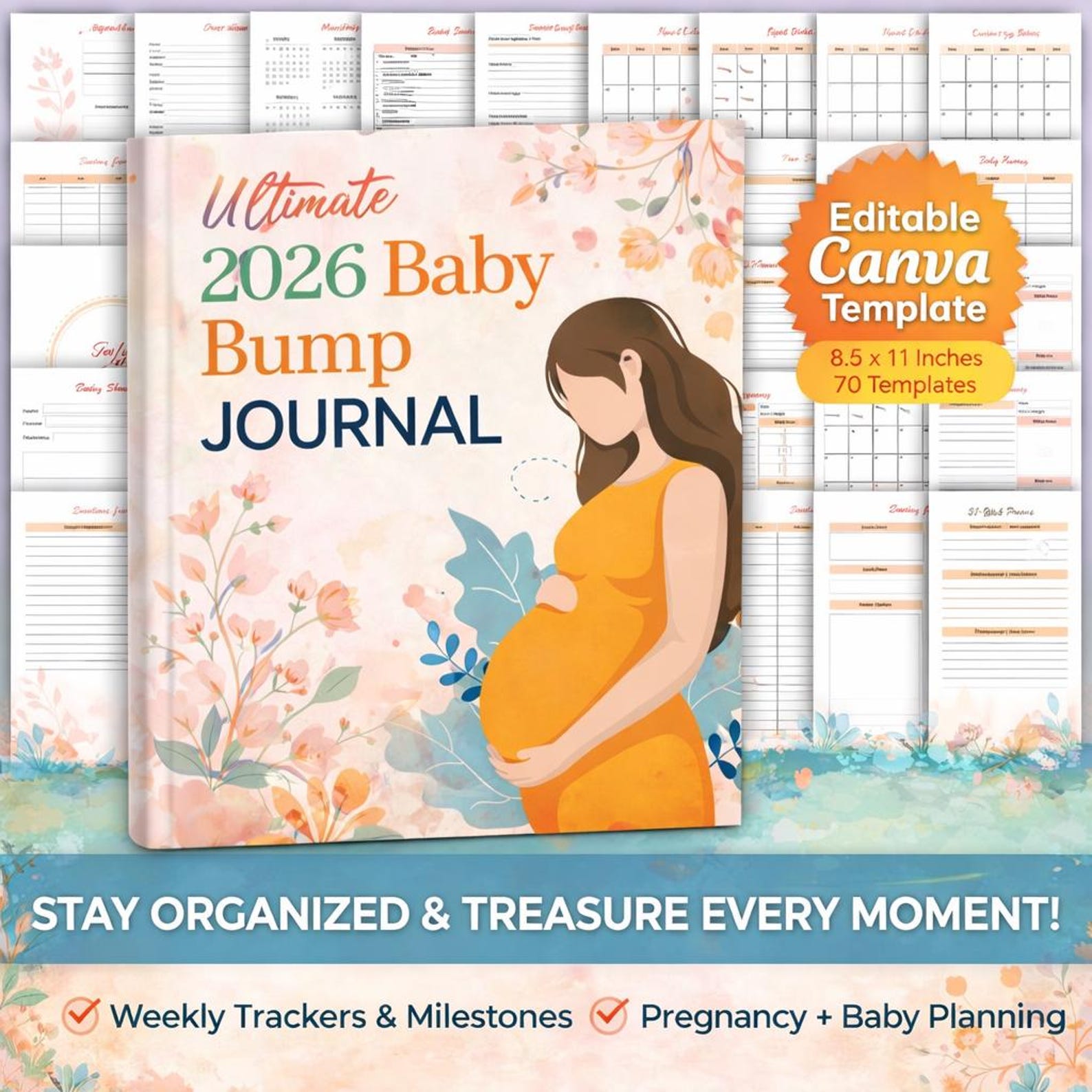 Baby Bump Journal 2026 Canva Template, Pregnancy Planner Editable ...