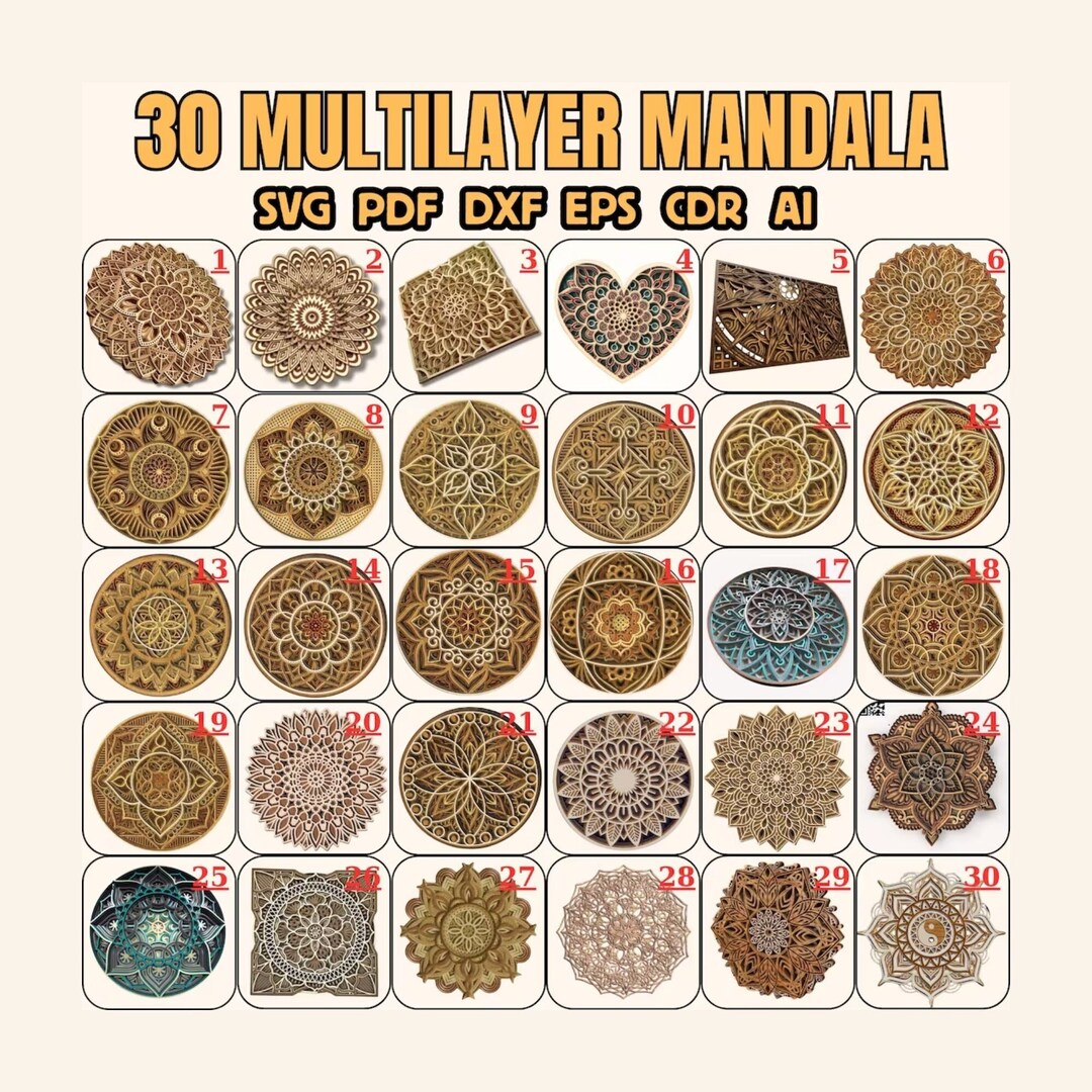 30-pieces Laser Cut 3D Mandala SVG Bundle for Glowforge, Wall Art ...