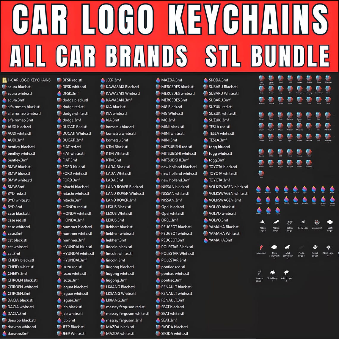 Car Logo Keychains 3D Print Bundle | STL Files for 50+ Car Brands & F1 ...
