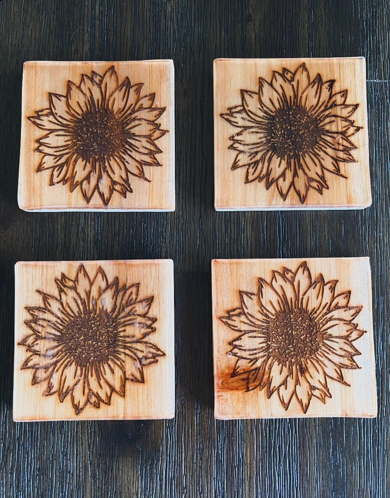 Sunflower Coaster Set, Set of 4, Laser Engraved and Epoxied (*reduced ...