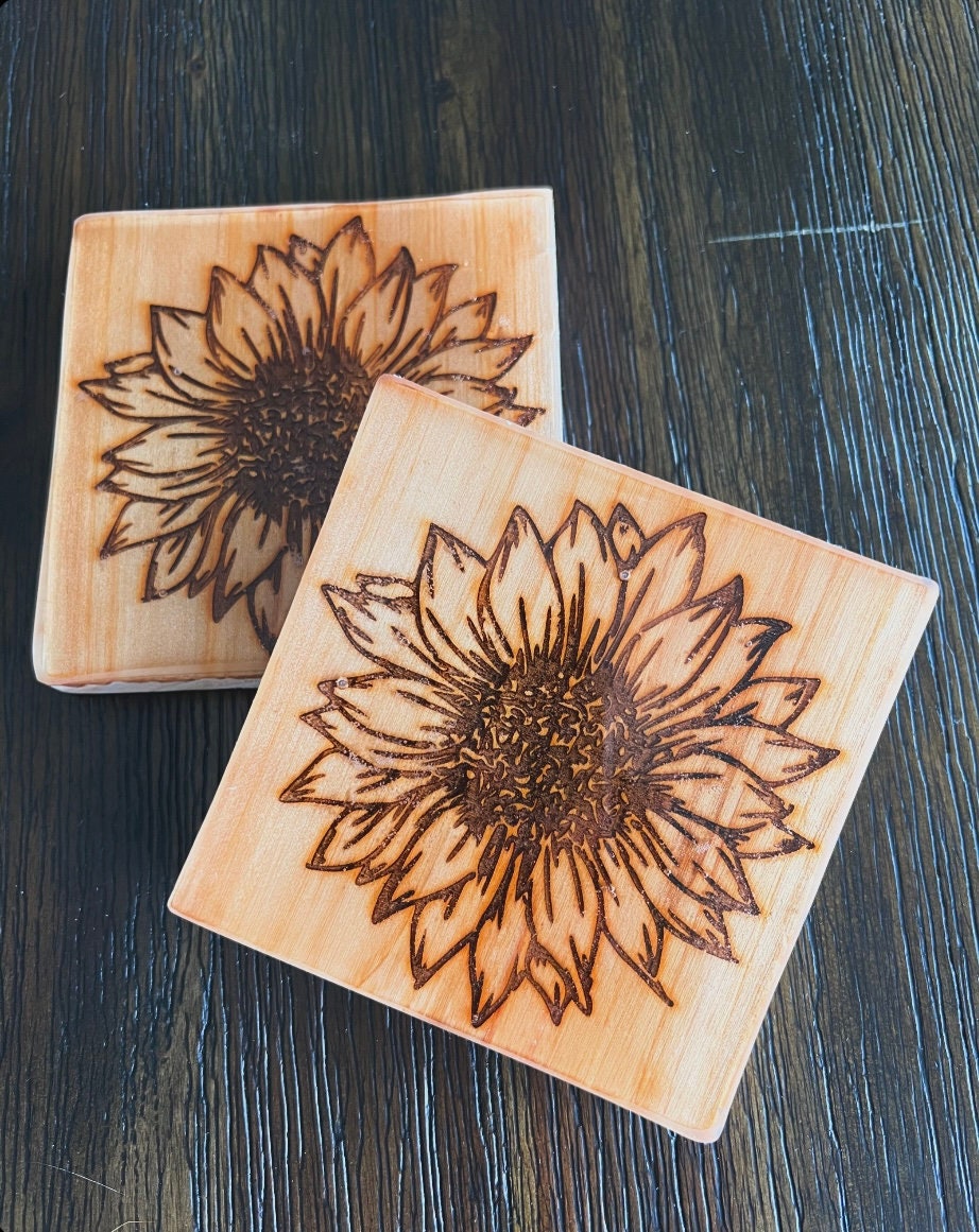Sunflower Coaster Set, Set of 4, Laser Engraved and Epoxied (*reduced ...