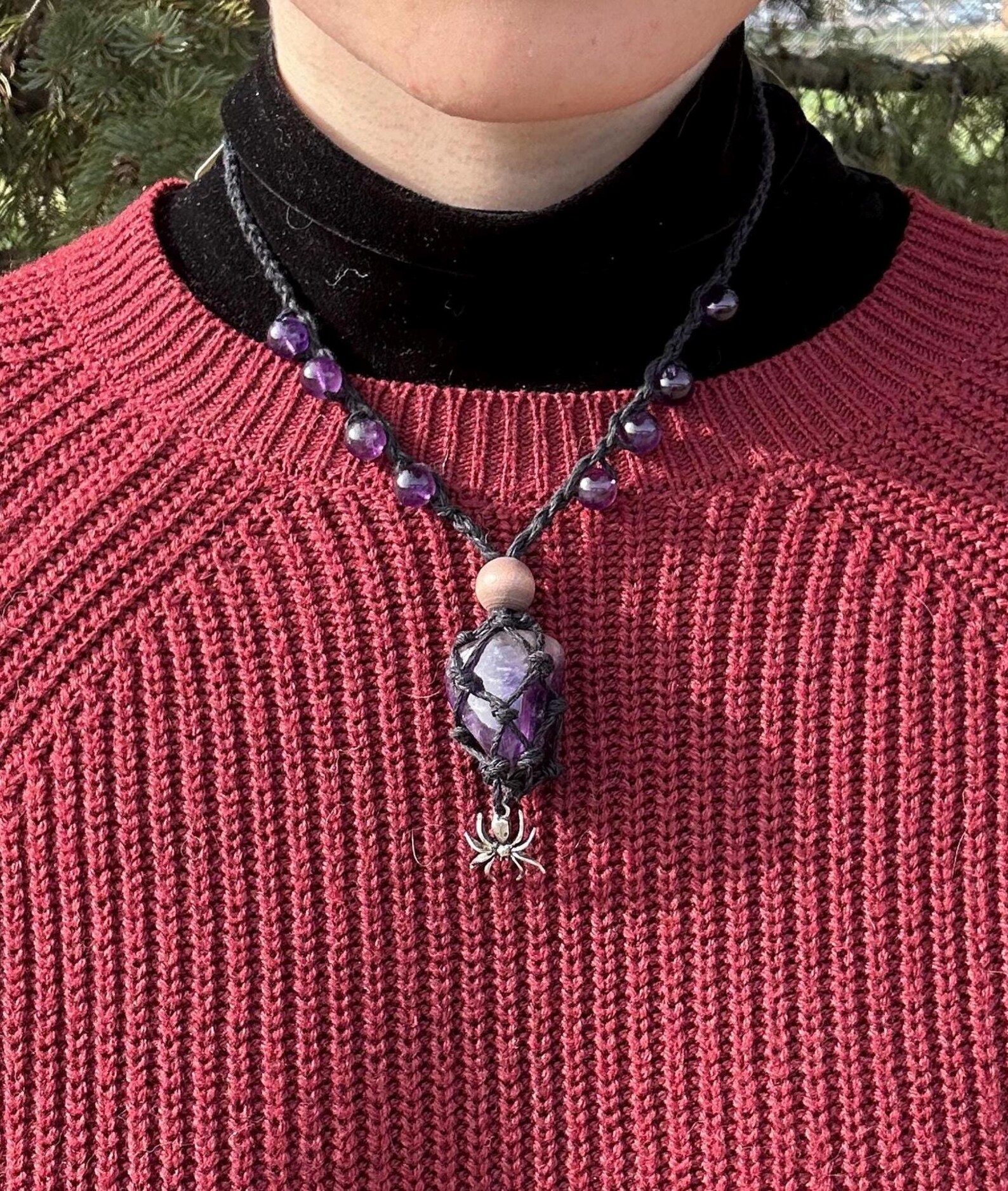 Amethyst Spider Pendent Crystal Holder Macrame Necklace Hemp Cord ...