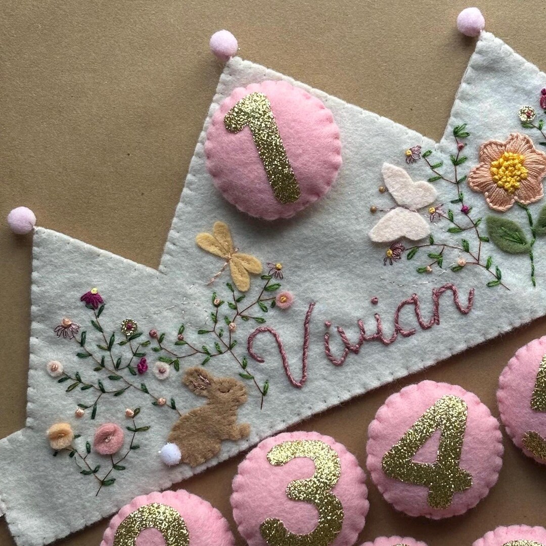 Embroidered Birthday Crown: Handmade Felt Name Crown With Flowers - Etsy