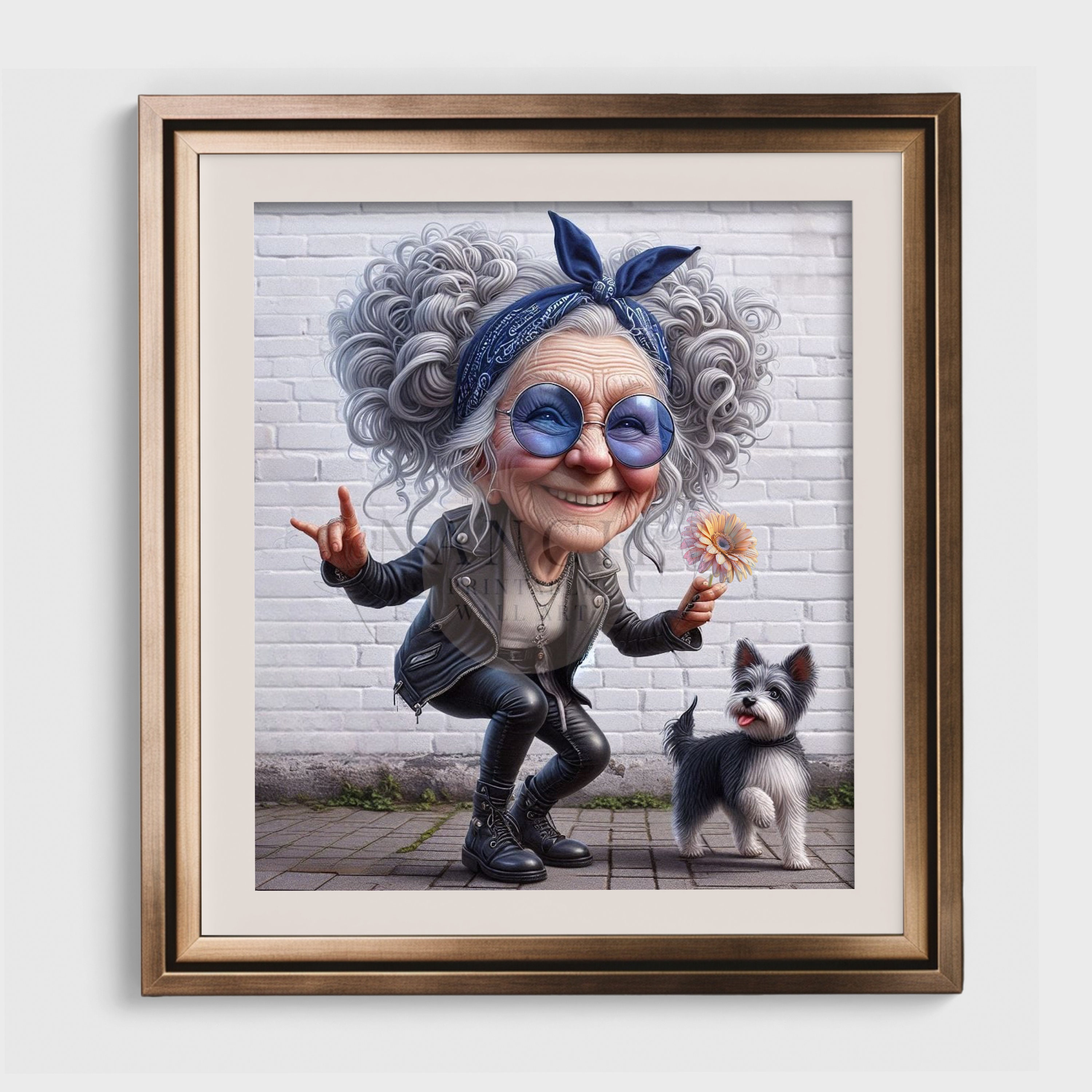 Grey-haired Dancing Older Woman Wall Art, Leather Clad Granny and Dog ...