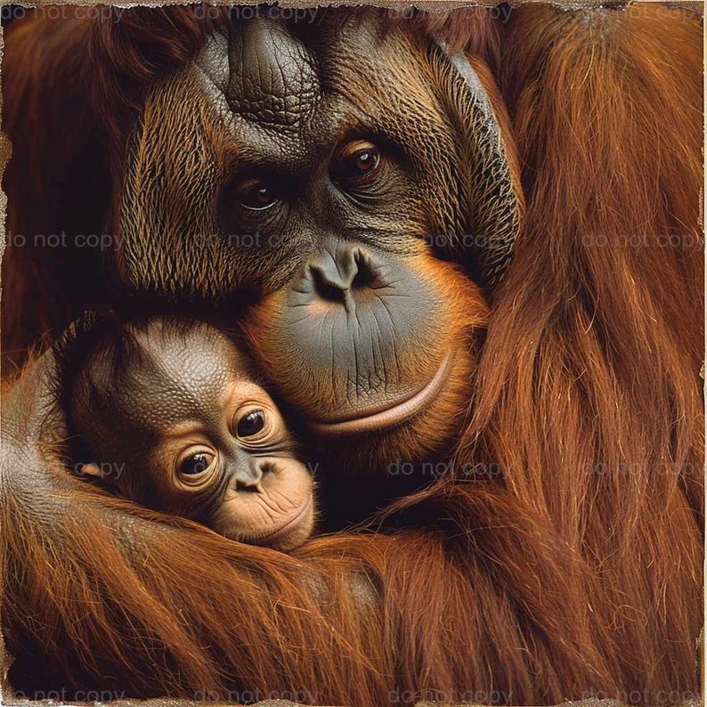 Orangutan Mother and Baby Wall Art, Wildlife Jungle Art, Orangutan ...