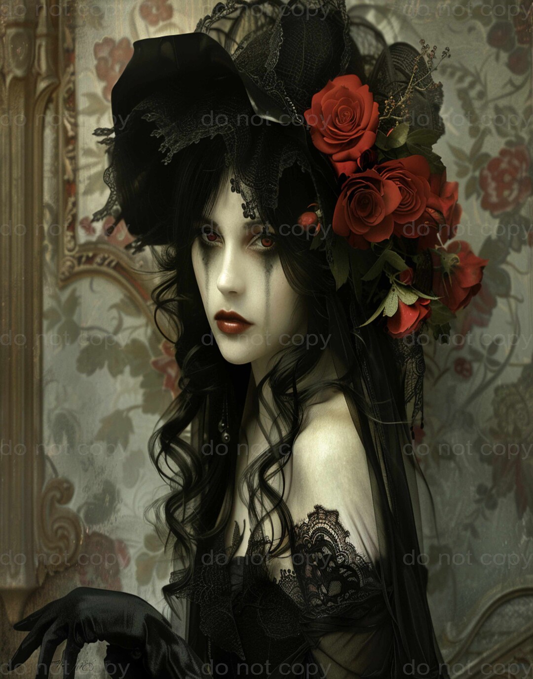 Black Hat With Red Rose, Gothic Girl, Red Lipstick, Black Lace Dress ...