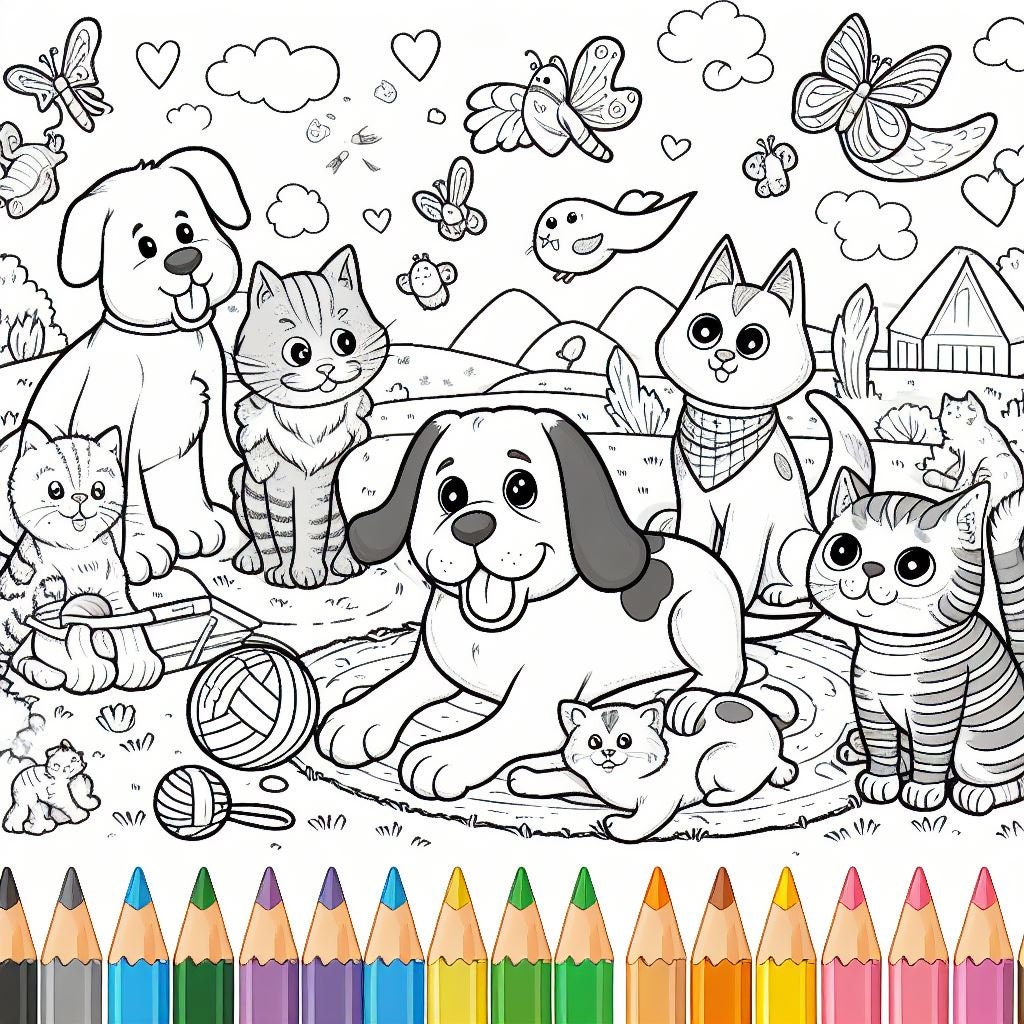 Puppies and Kittens Coloring Book, 104 Printable Dog and Cat Coloring ...