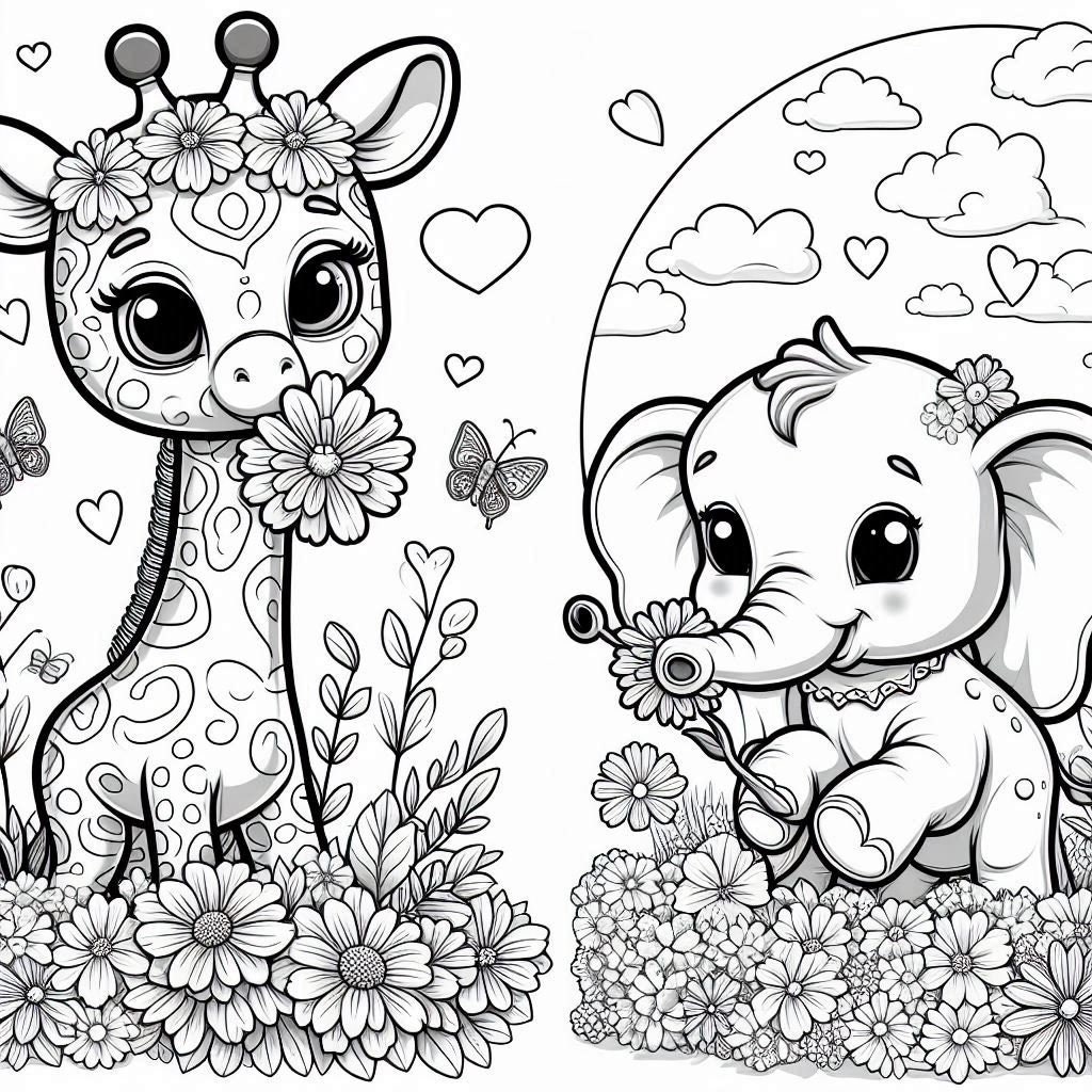 30 Coloring Pages of Adorable Giraffes and Elephants Plus 3 Bonus Pages - Etsy