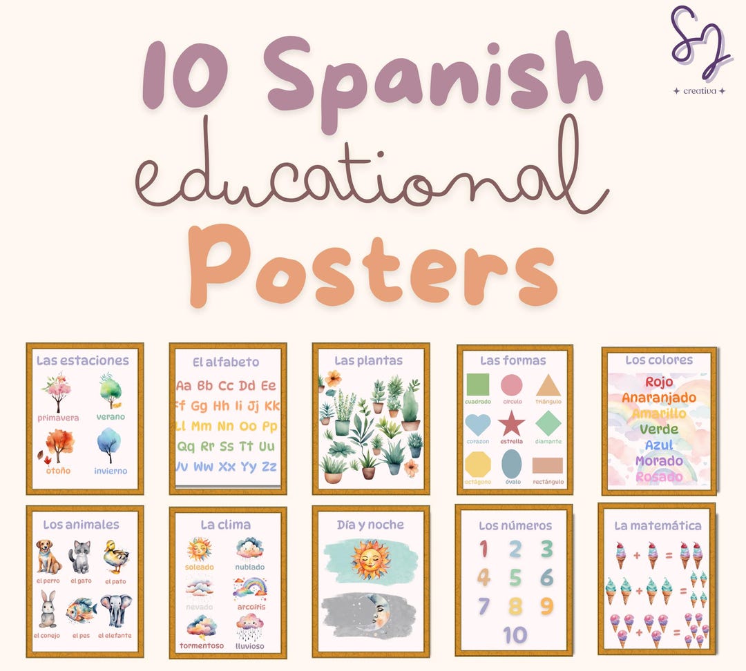 Colorful Watercolor Spanish Educational Posters Set of 10 | Kids ...