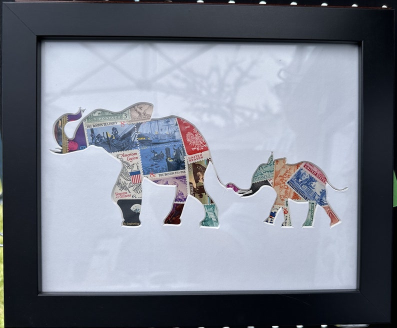 Elephant & Baby! - Vintage Postage Stamp Collage Art - Etsy