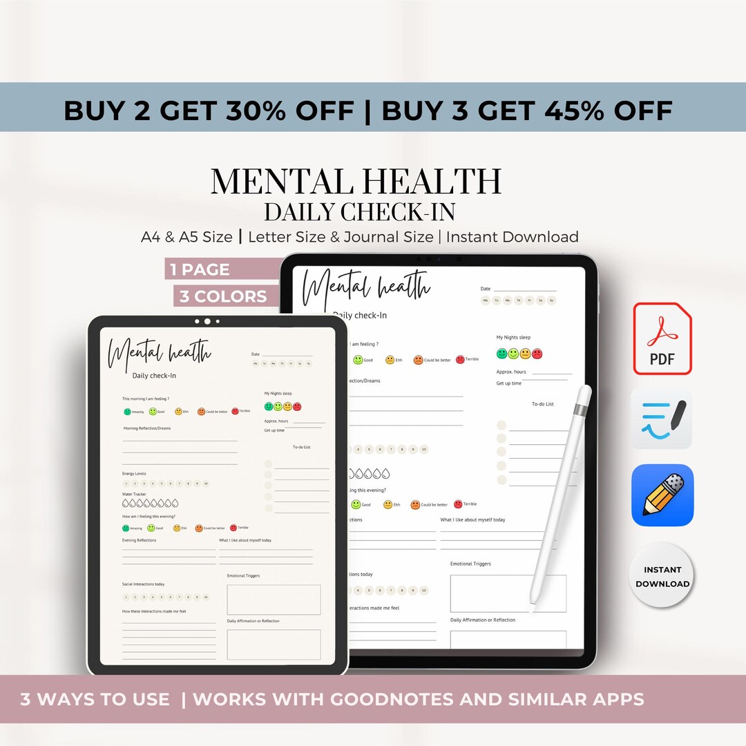 Mental Health Tracker , Daily Self Care Journal , Mood Checklist ...