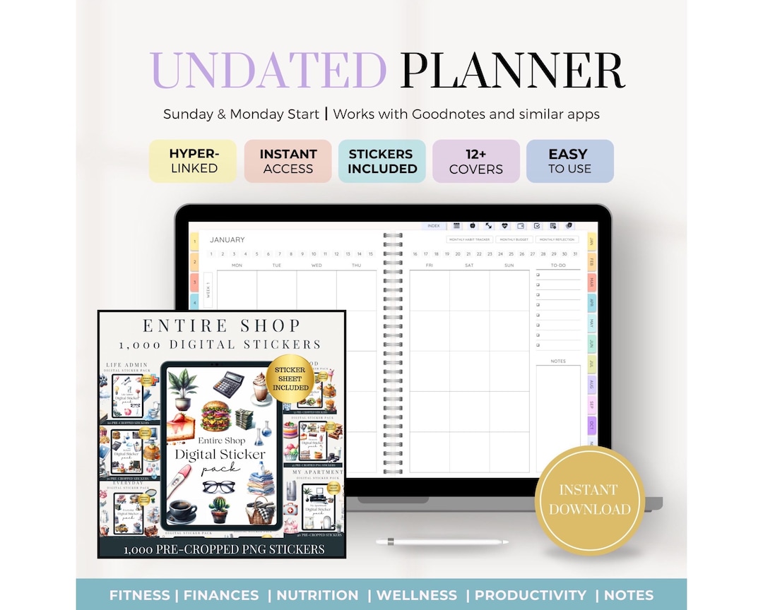 Undated All-in-one Digital Planner | Hyperlink Digital Planner | Apple ...