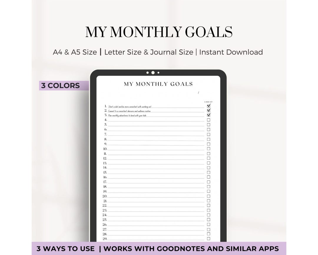 Printable Monthly Goal Tracker: A4, A5 Sizes (PDF) , Monthly Goal ...