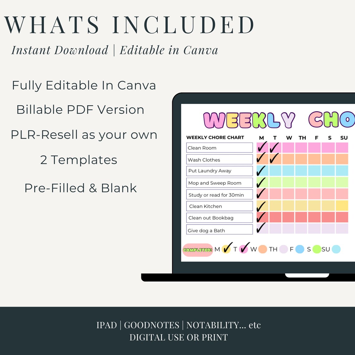 Editable Chore Chart for Kids Printable Kids Chore Chart PLR Kids Chore ...