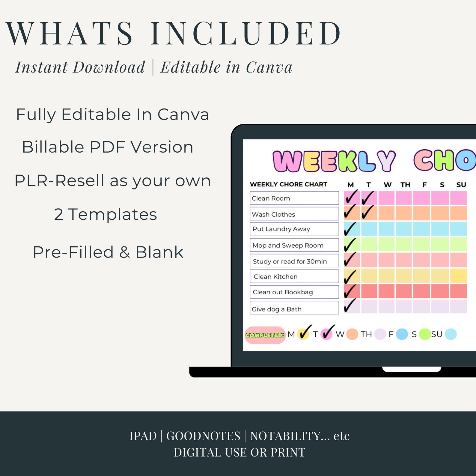 Editable Chore Chart for Kids Printable Kids Chore Chart PLR Kids Chore ...