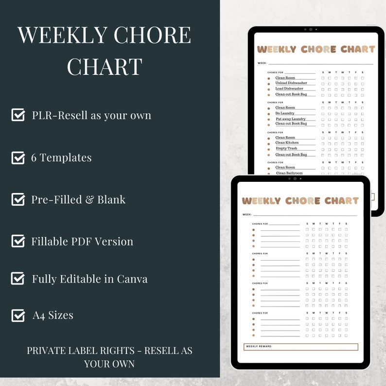 Editable Chore Chart for Kids Printable Kids Chore Chart PLR Kids Chore ...