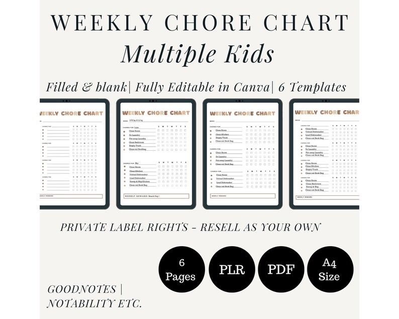 Editable Chore Chart for Kids Printable Kids Chore Chart PLR Kids Chore ...