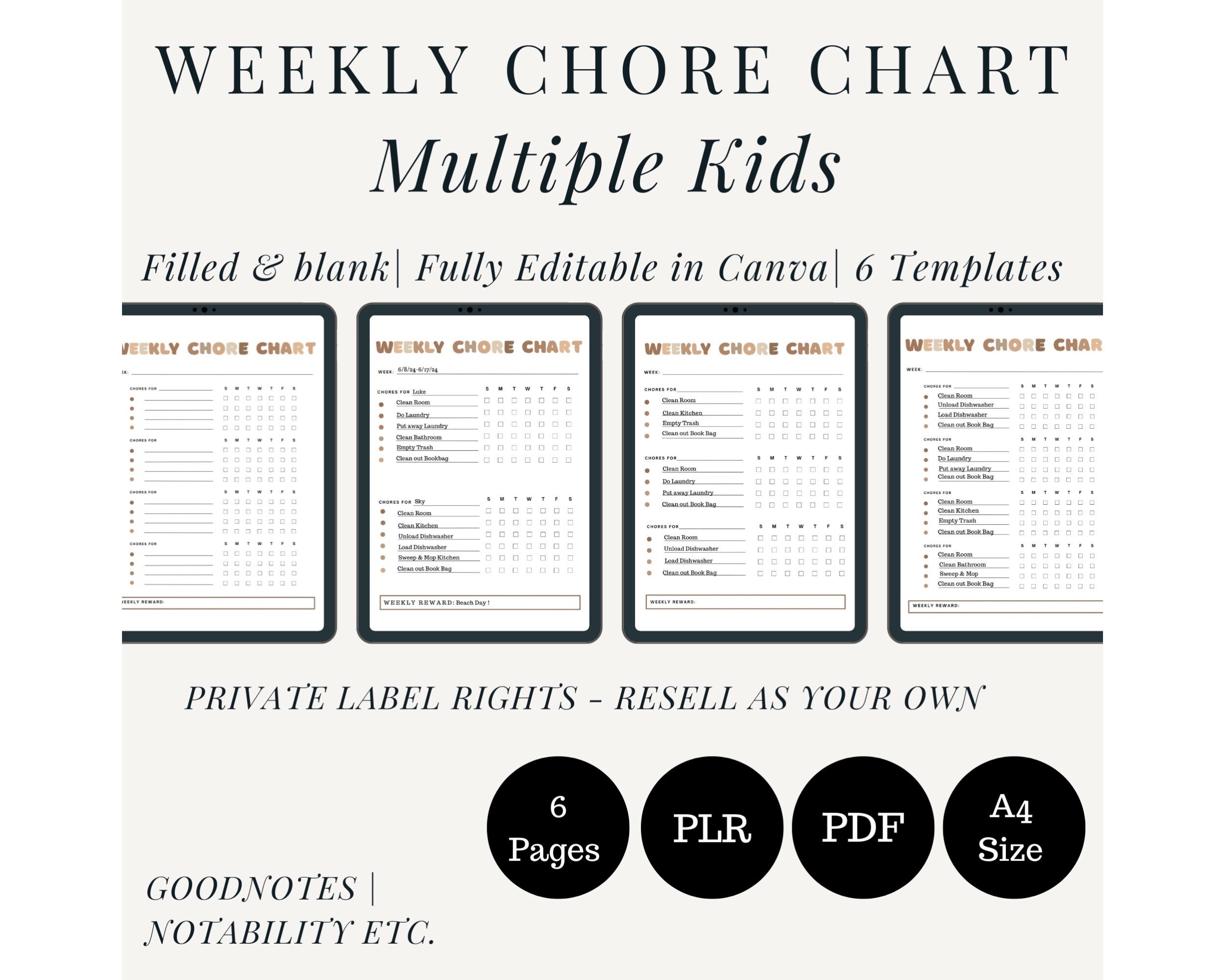 Editable Chore Chart for Kids Printable Kids Chore Chart PLR Kids Chore ...