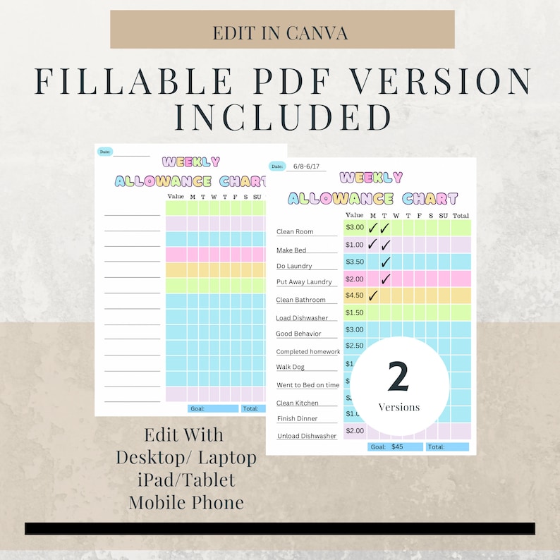 EDITABLE Allowance Chart for Kids Kids Allowance Chart Weekly Allowance ...