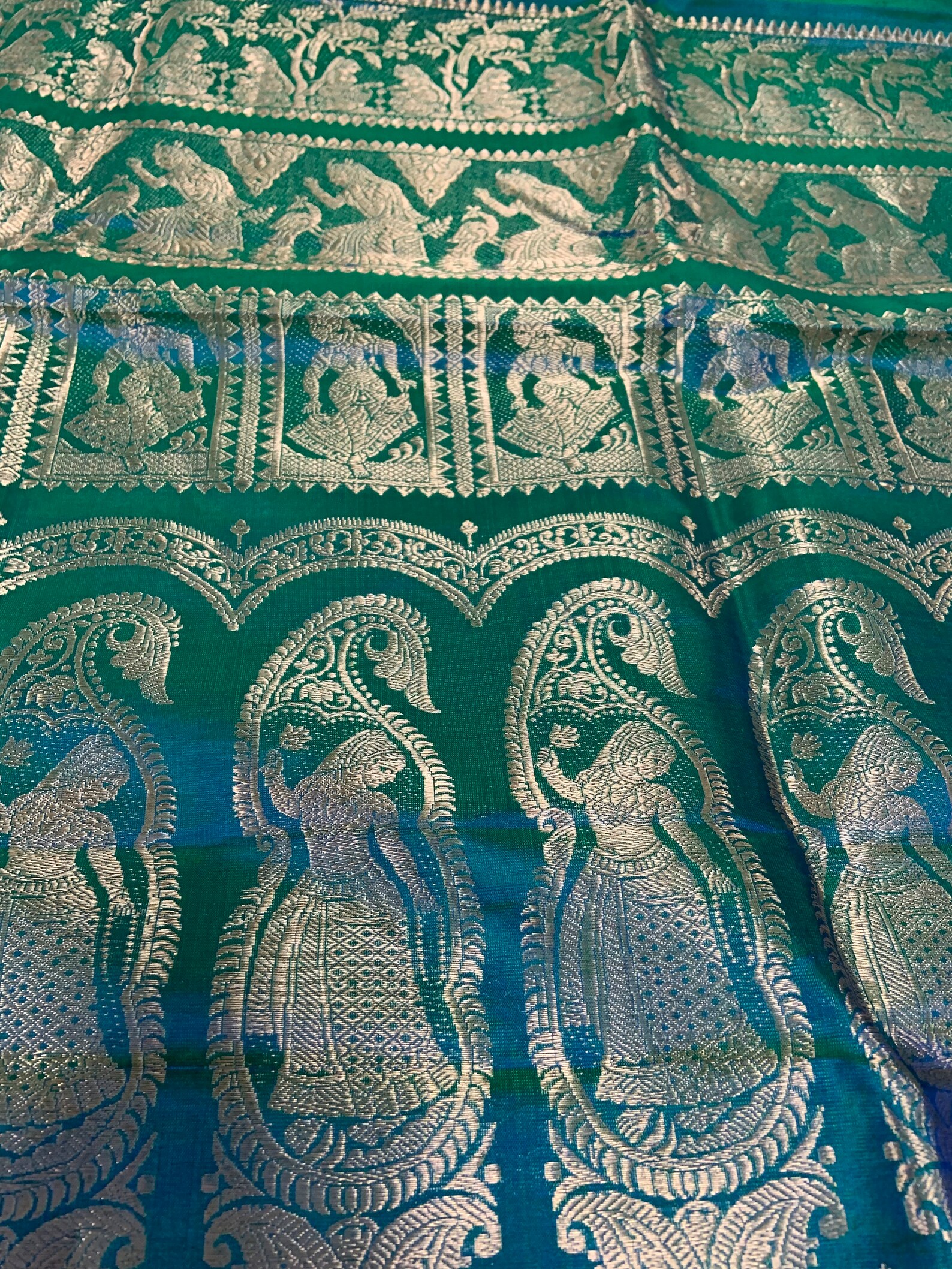 Pure Bishnupuri Baluchari/ Swarnachari Silk Saree Blue and Green Dual ...