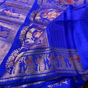 Pure Handwoven Bishnupuri Baluchari Saree With Blouse Piece/ Blue Color ...