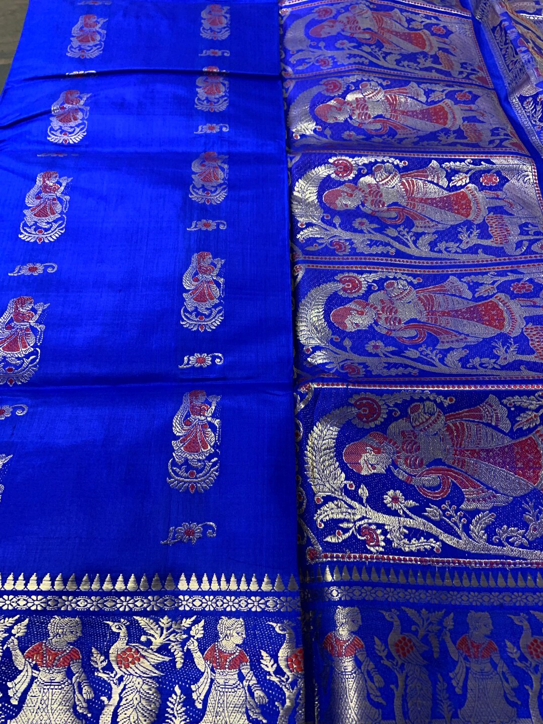 Pure Handwoven Bishnupuri Baluchari Saree With Blouse Piece/ Blue Color ...